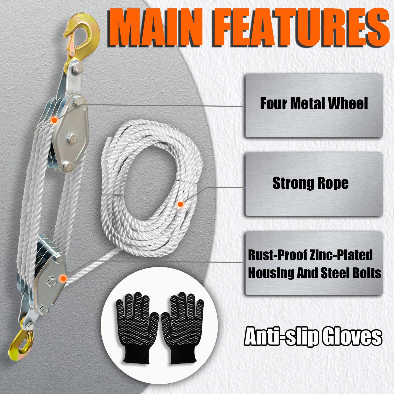 Snapklik.com : YATOINTO Rope Pulley Hoist 4400 LB, 8:1 Lifting Power ...