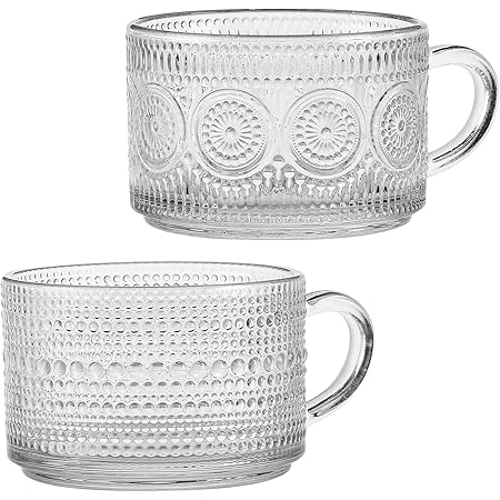 Amazon.com: Gezzeny Vintage Glass Coffee Mugs 14 Oz Set of 2 Clear Embossed Tea Cups, Glass ...