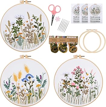 Amazon.com: Lukinbox 3 Sets Embroidery Kit for Beginners, Fabric Cross ...