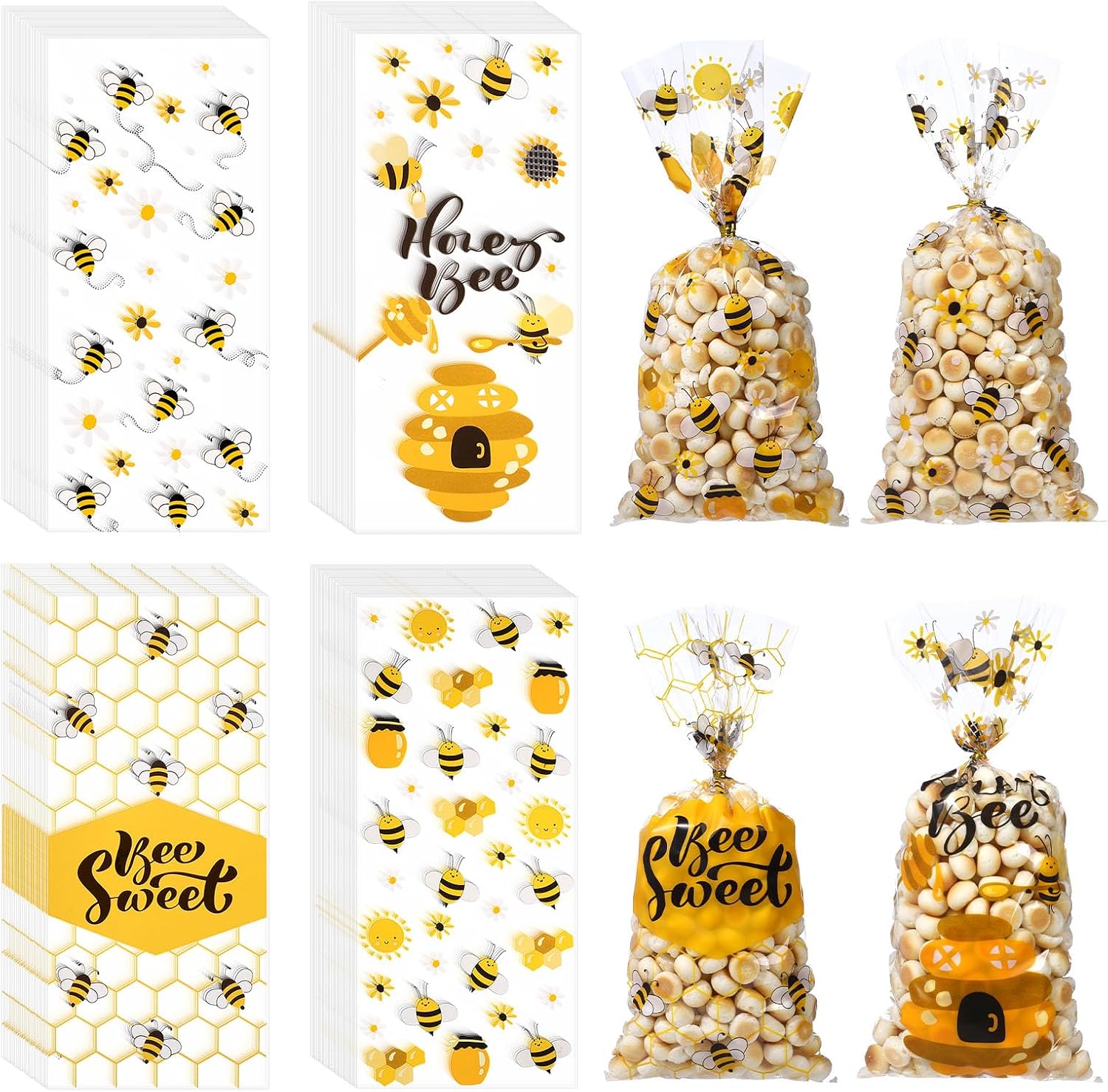 Amazon.com: 100 PCS Bee Cellophane Treat Bags with Twist Ties, Honey ...