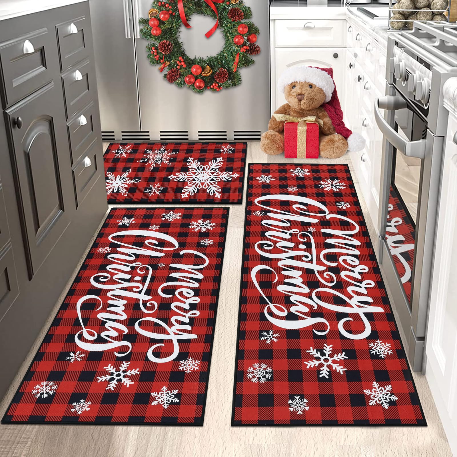 Amazon.com: Vaukki Christmas Kitchen Rug Sets 3 Pieces, X-Mas Washable ...