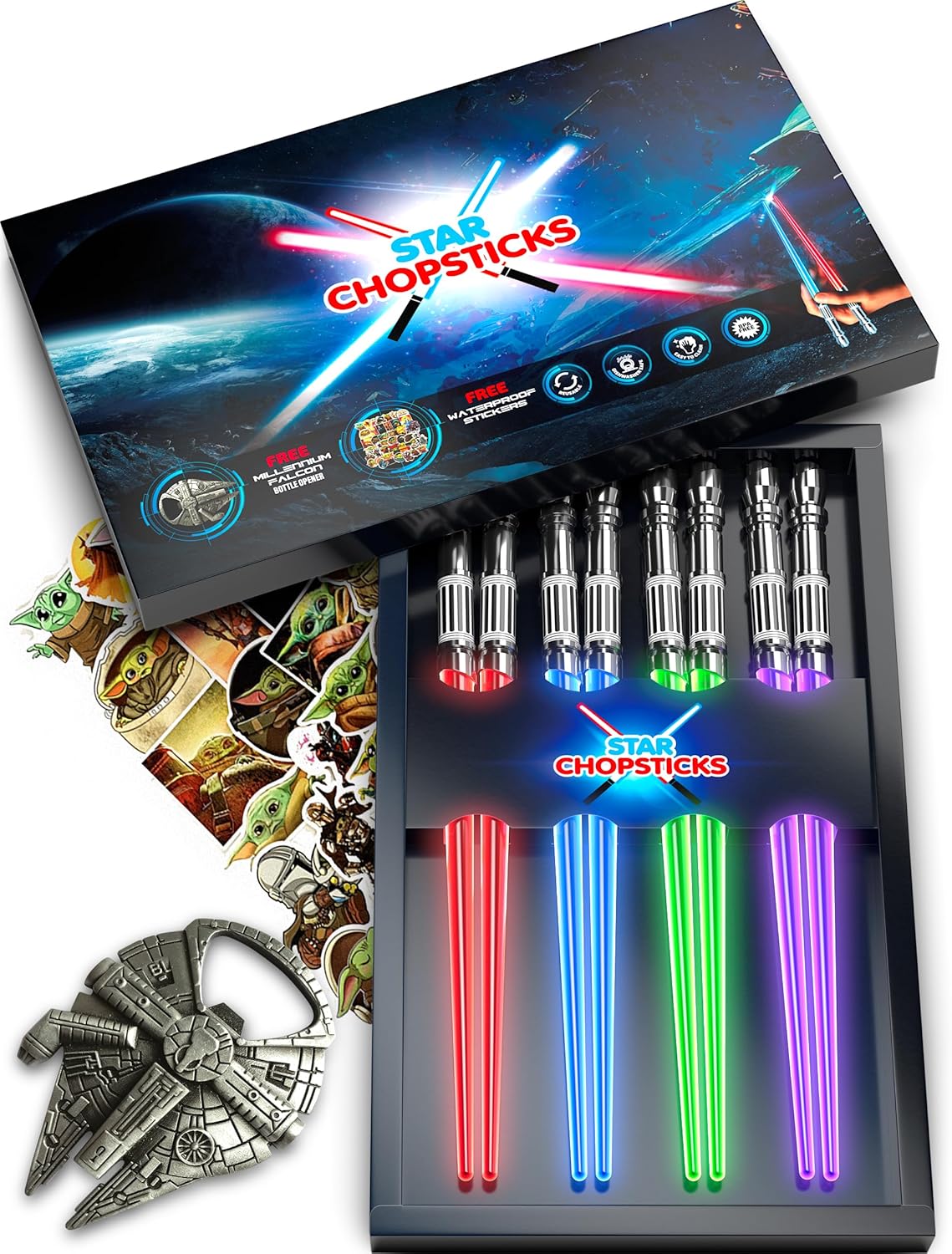 STAR CHOPSTICKS | FREE BOTTLE OPENER | 4 PAIRS DARK BOX | Lightsaber ...