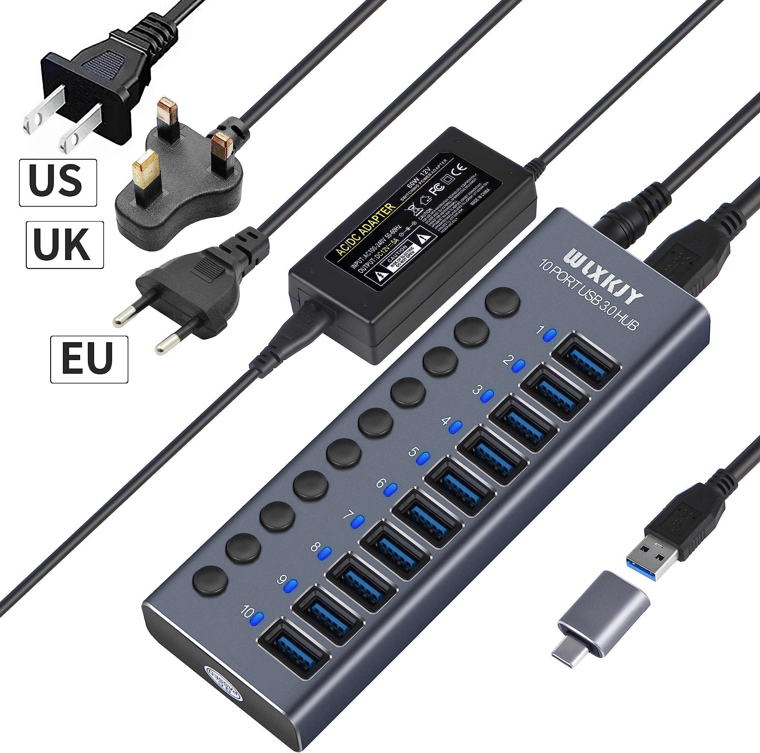 LIONWEI USB-Hub Aktiv 3.0 mit Netzteil 60 W, 10 Ports USB 3.0-Hub mit ...