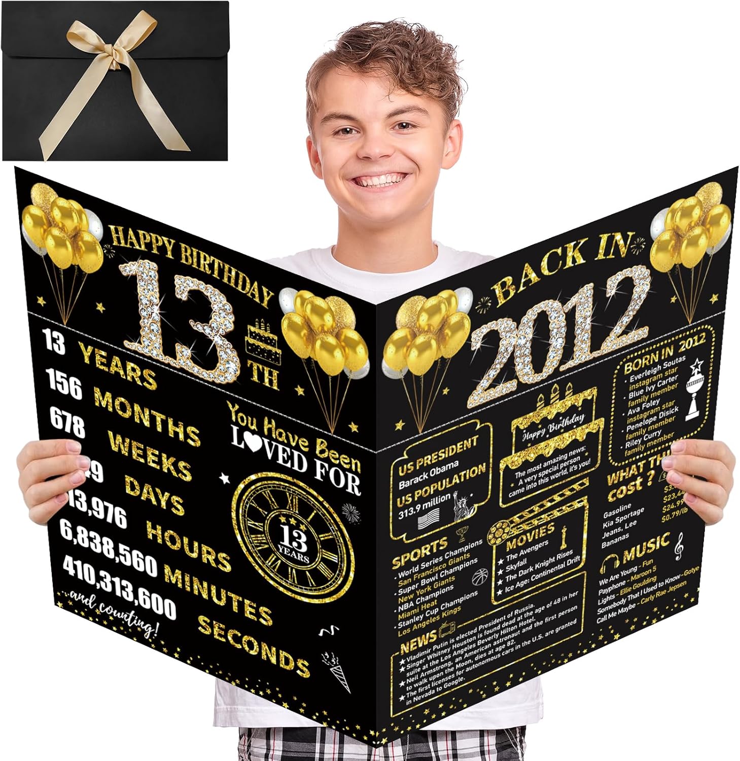Amazon.com: Kuxriox Large 13th Birthday Card With Envelope, Black Gold ...