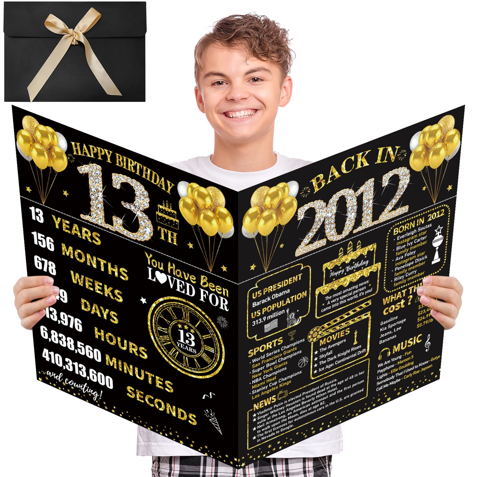Amazon.com: Kuxriox Large 13th Birthday Card with Envelope, Black Gold ...