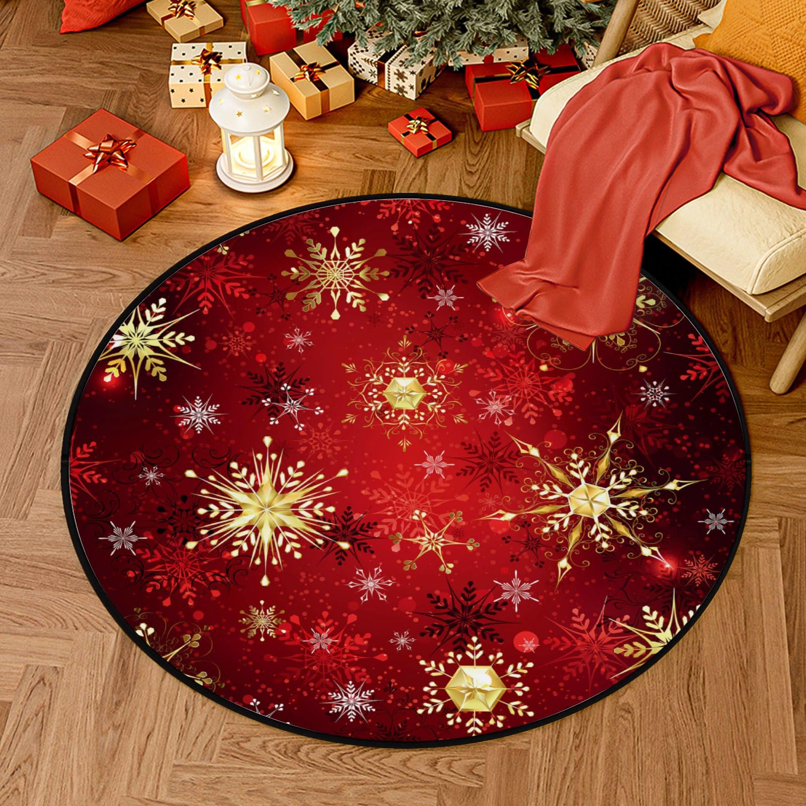 Amazon.com: BVOGOS Round Rug 3ft Red Gold Black Christmas Snowflakes ...