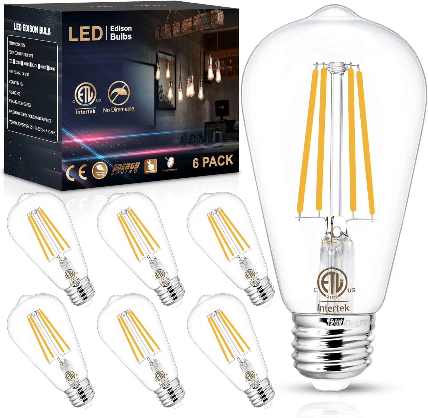 Sailstar E26 LED Bulb 60W Equivalent, 6W 800LM Soft White 3000K Edison ...