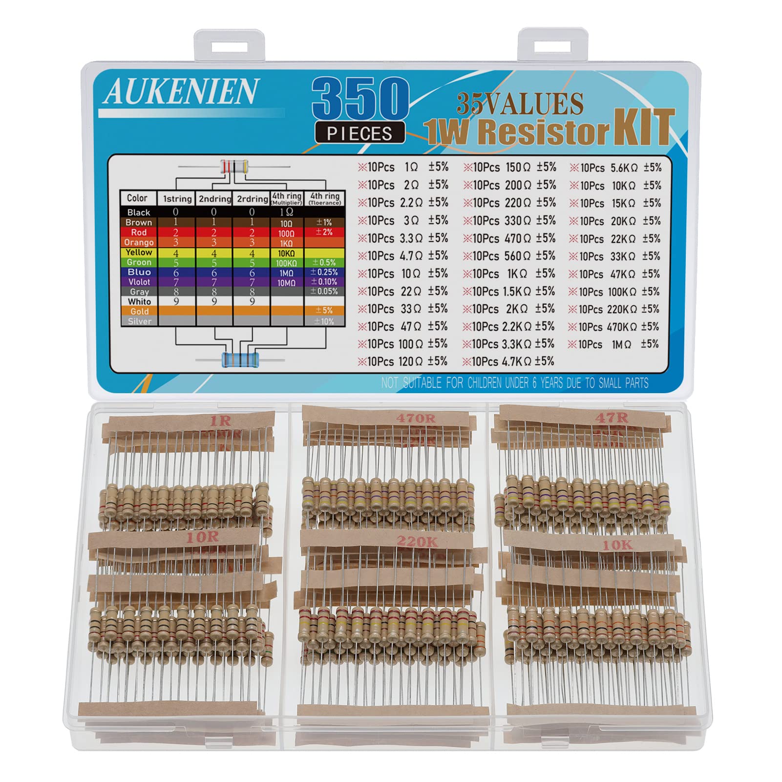 Buy AUKENIEN1W Resistor Assortment Kit 35 Values 350pcs 1 Watt 1 Ohm to ...