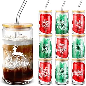 Amazon.com | Layhit 11 Pcs Christmas Glass Cups with Lids and Straws ...