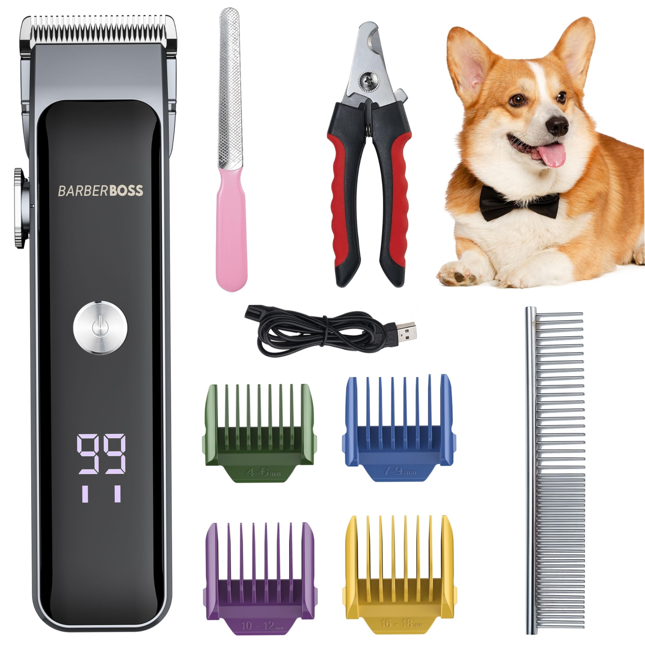 BarberBoss All-in-One Dog Grooming Kit, Cordless Clippers for Thick ...