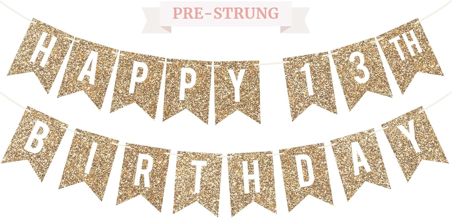 Amazon.com: Pre-strung Happy 13th Birthday Banner - No DIY - Gold ...