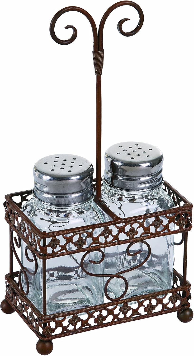 Amazon.com: Creative Co-Op Rust Metal Salt and Pepper Shaker Caddy with ...