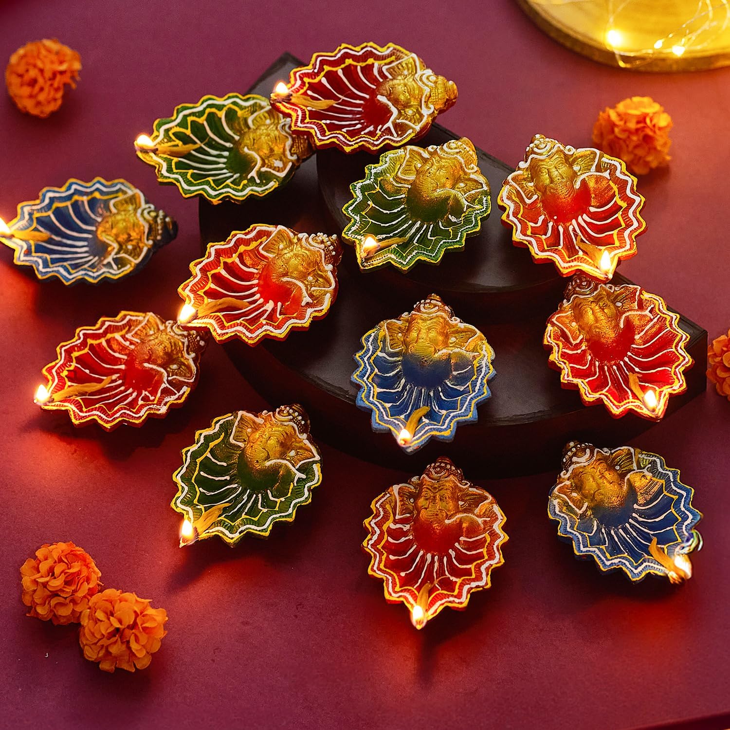 Amazon.com: TIED RIBBONS 12 pcs Handmade Big Ganesh Clay Diya for ...