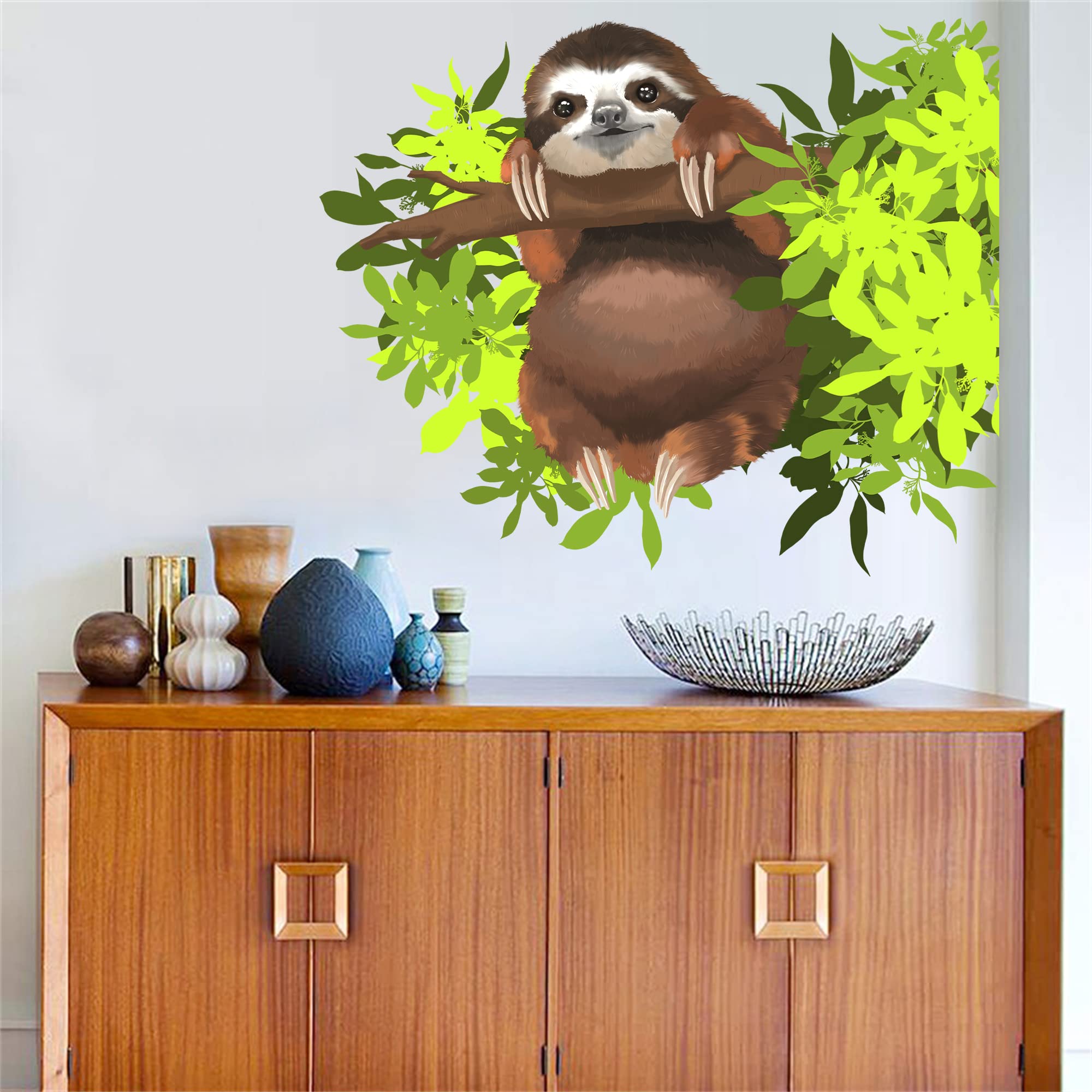 Amazon.com: RoyoLam Cute Sloth Hanging on Branch with Green Leaves Wall ...