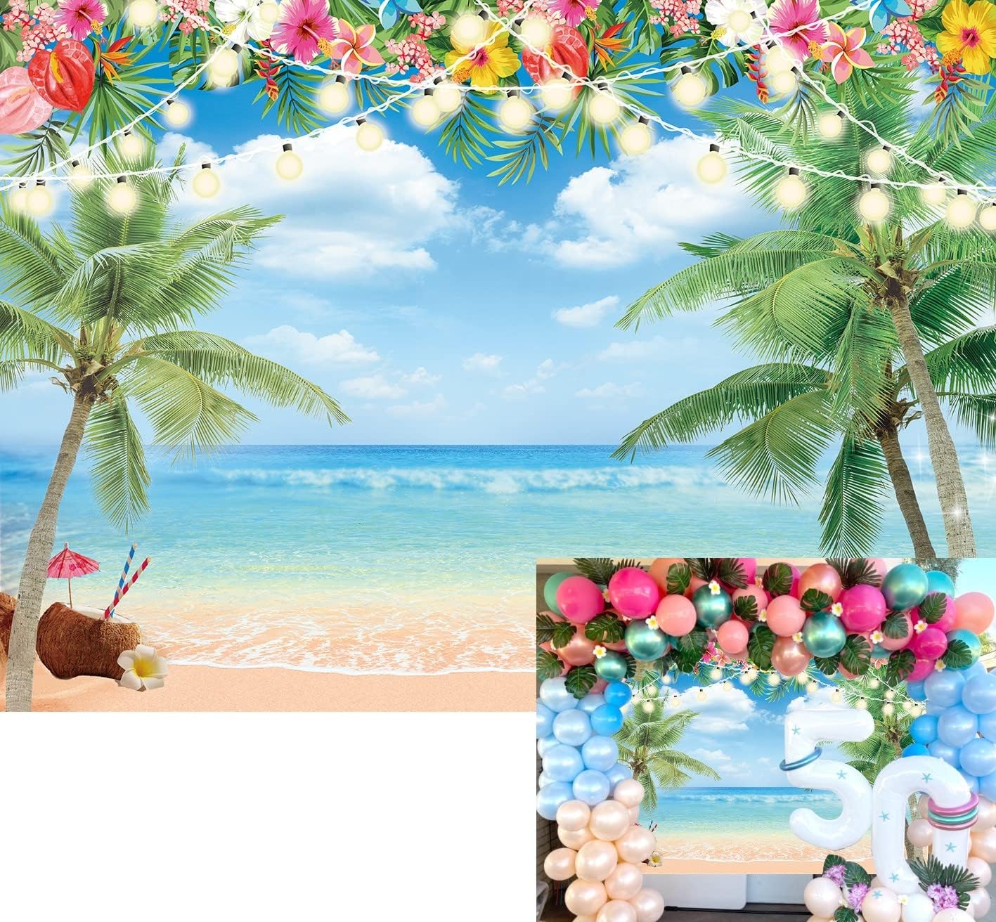 Amazon.com : Hawaiian Beach Backdrop Summer Tropical Flower Palm Ocean ...