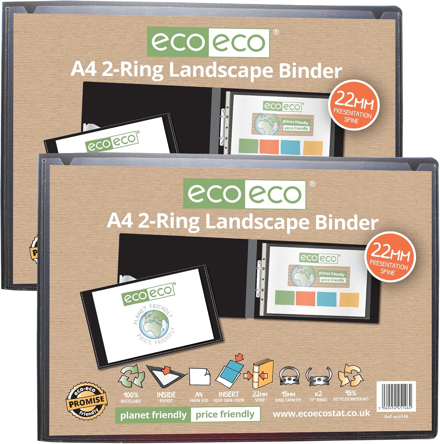 eco-eco A4 95% Recycled Presentation 22mm Spine 2 Ring Landscape Binder ...
