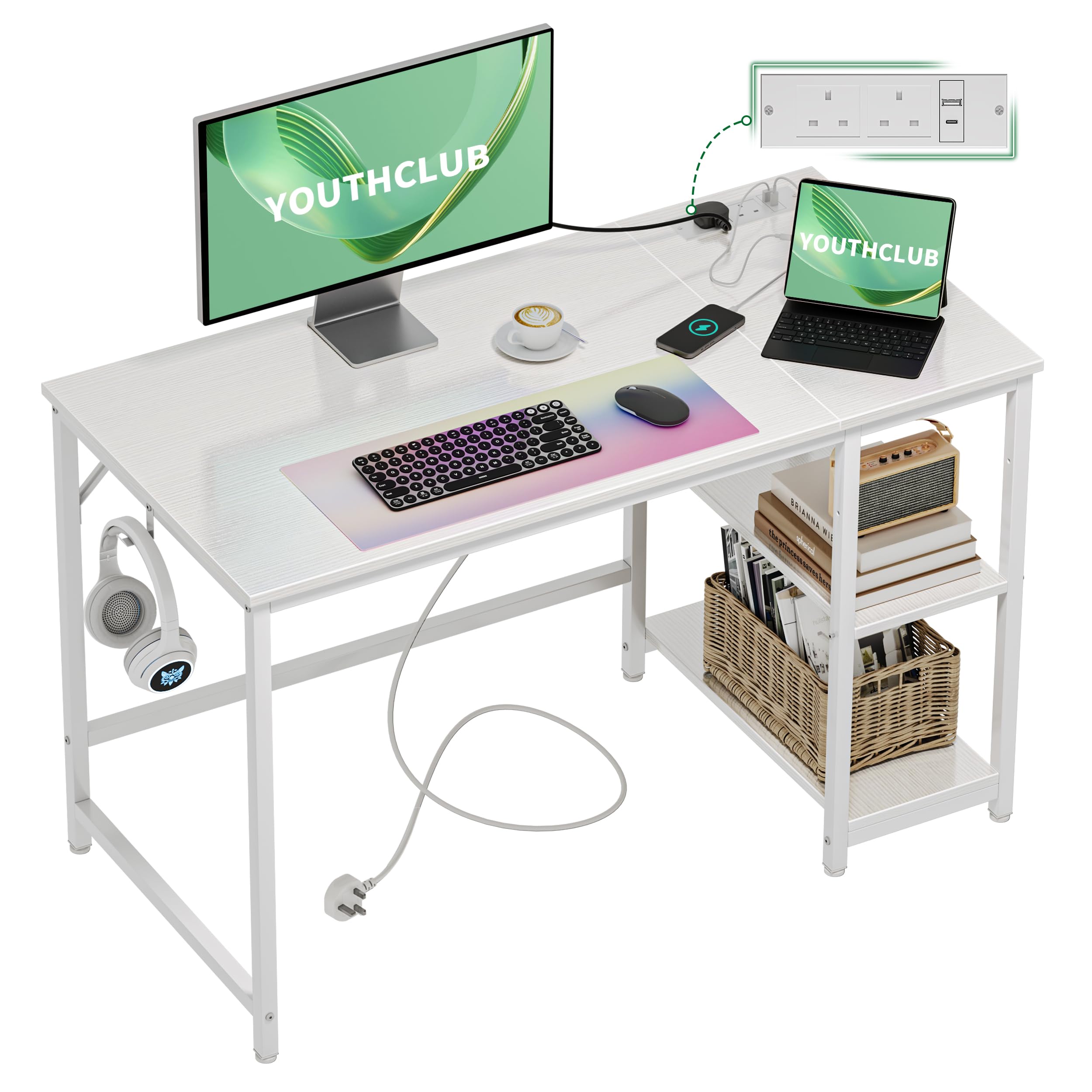 YOUTHCLUB Computer Desk,120x60cm Office Desk with Power Outlets and USB ...