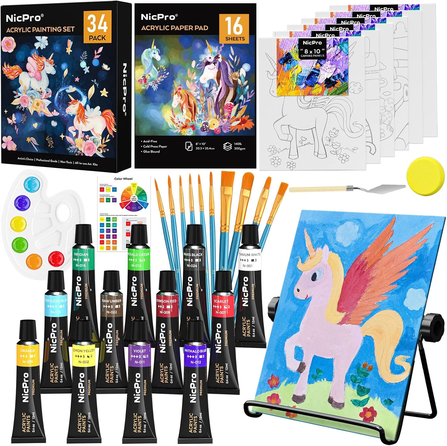 Nicpro 34PCS Kids Acrylic Paint Set with Pattern Canvas, Art Painting ...