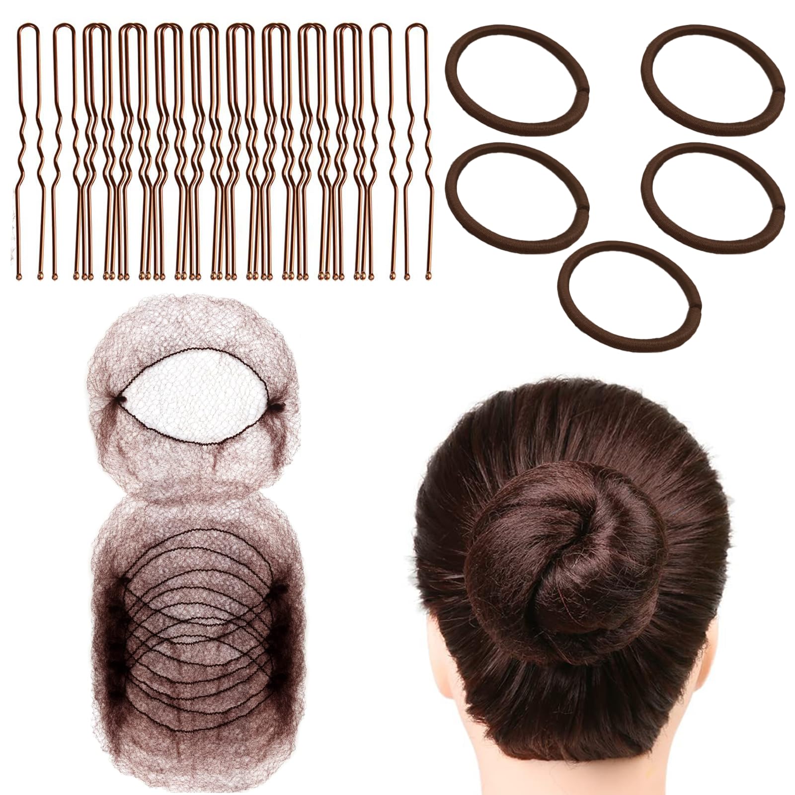 Bettinay 85PCS Brown Hair Bun Net Kit, 40 Invisible Ballet Hair Nets ...