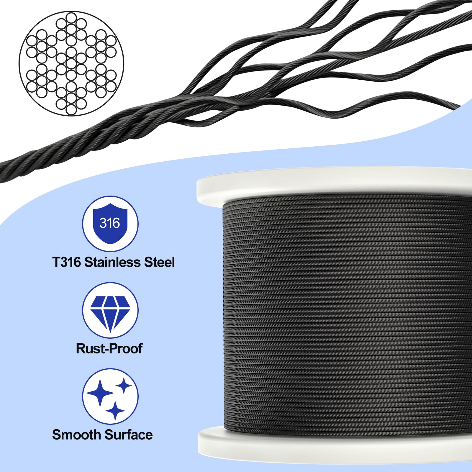 Snapklik.com : BLIKA 1000FT 1/8 Black Deck Railing Cable, T316 ...