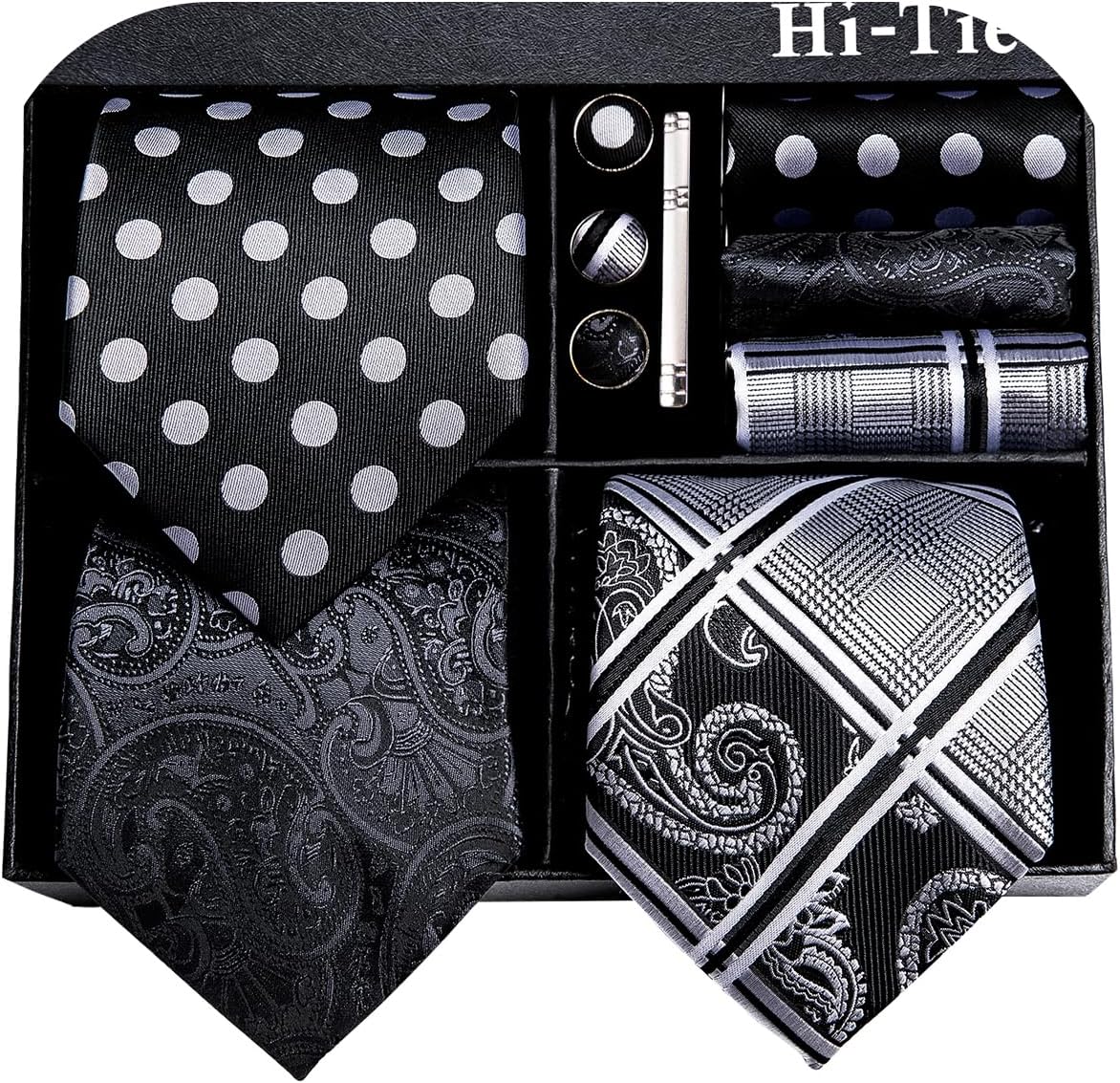 Amazon.com: Hi-Tie Black Grey 3Pcs Gift Box Tie Set for Men Plaid ...