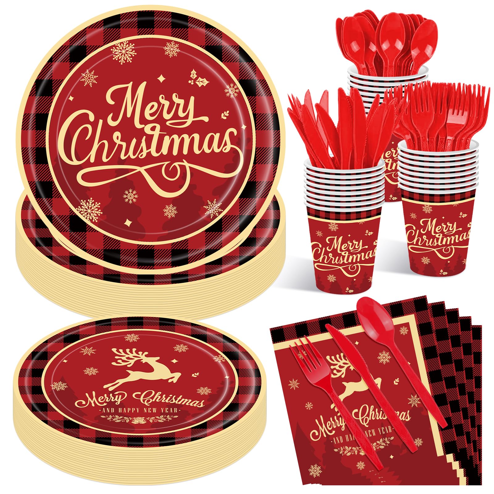 Amazon.com: 175 Pcs Merry Christmas Party Supplies Set - Serves 25 ...