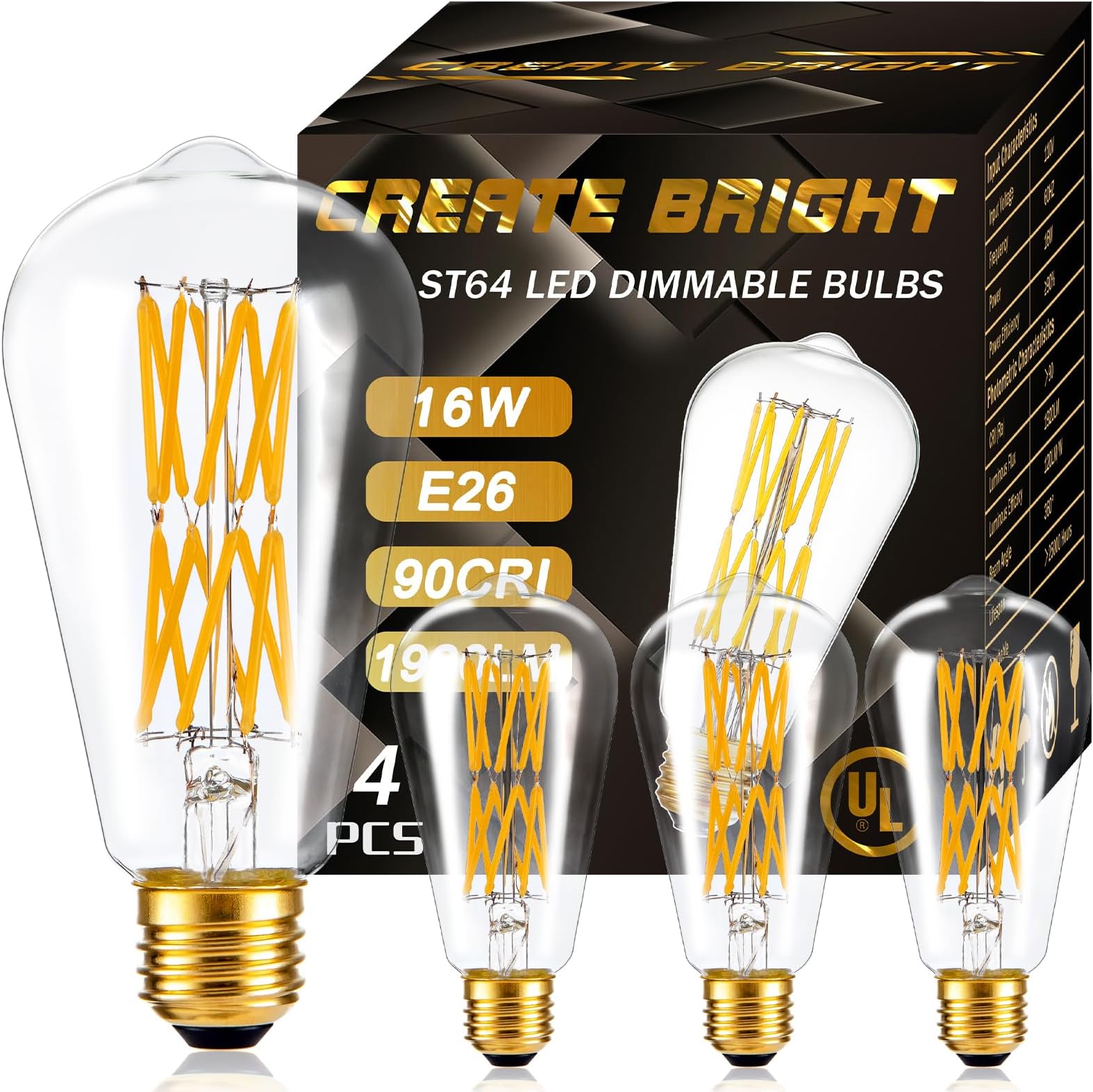 CREATE BRIGHT Vintage ST64 16W Dimmable Led Edison Bulbs 2700K Warm ...
