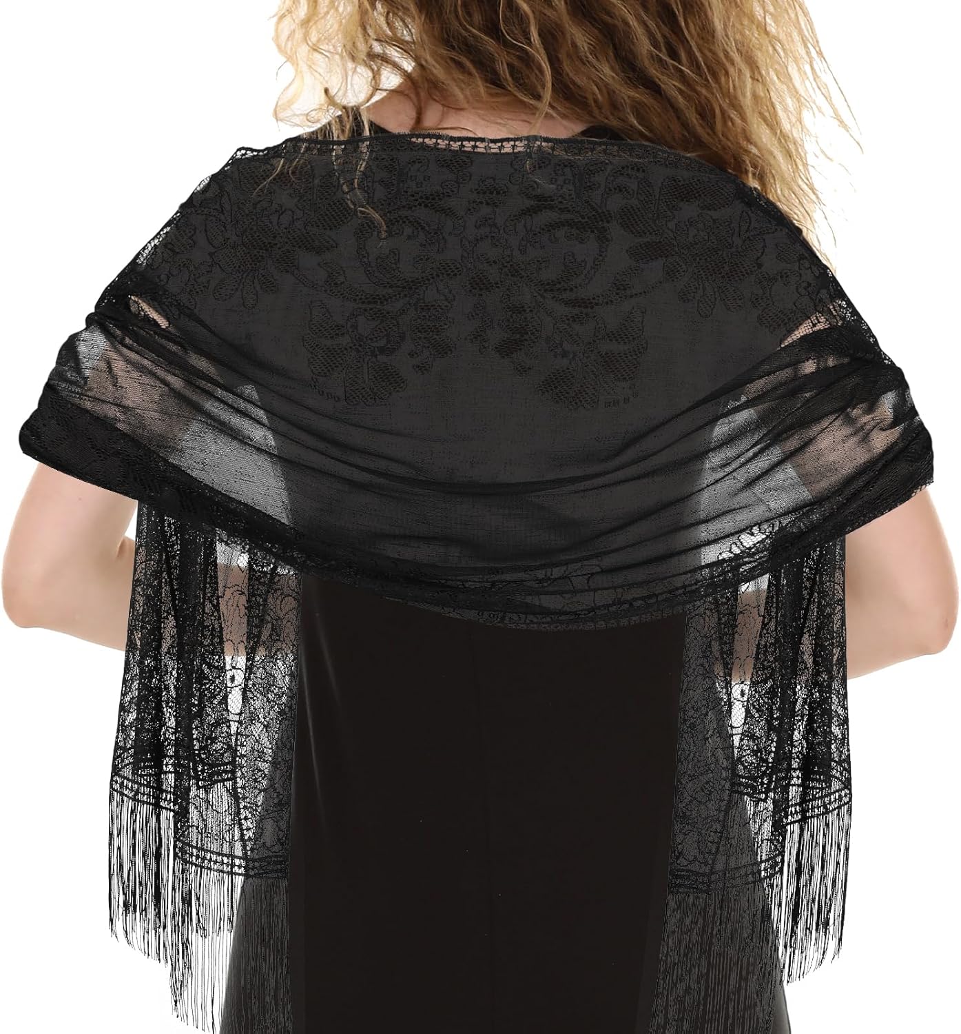 Lace Shawls Wraps for Evening Dress Black Women's Sheer Tassel Flower ...