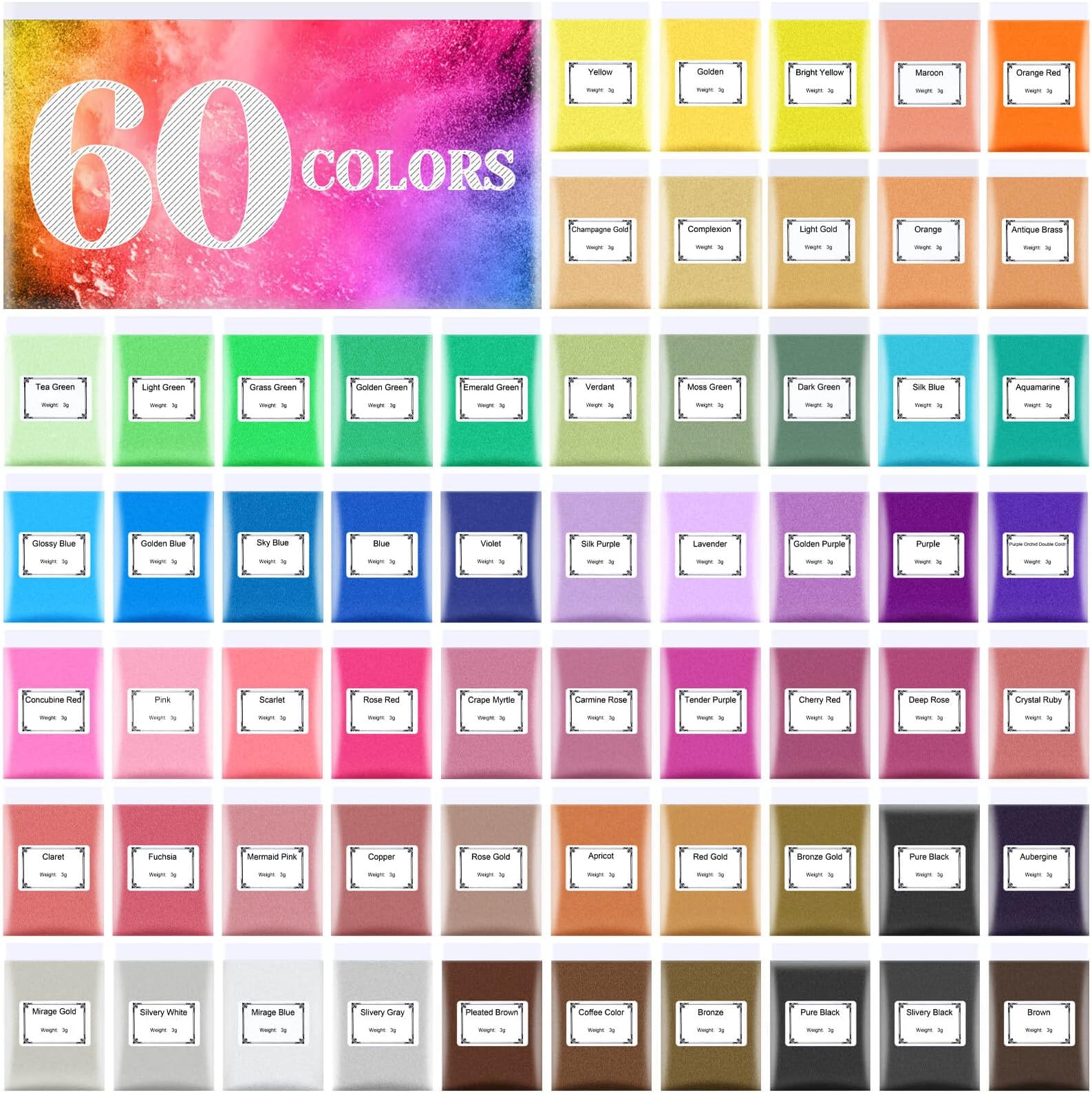 Mica Powder 60 Colors Mica Powder Epoxy Set Resin Pigment Powder ...