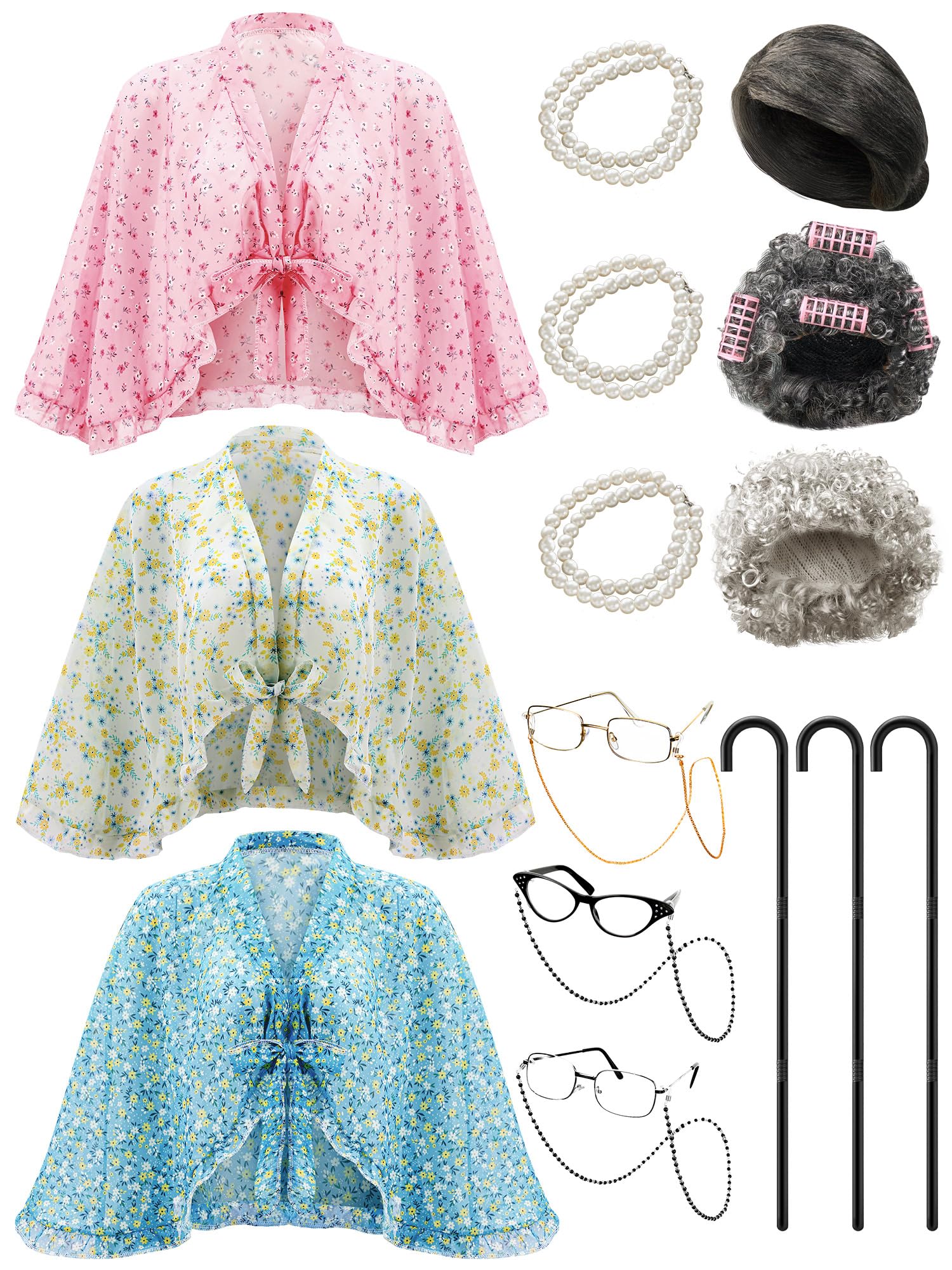 Amazon.com: 15 Pcs Halloween Old Lady Costume Set Granny Outfit ...