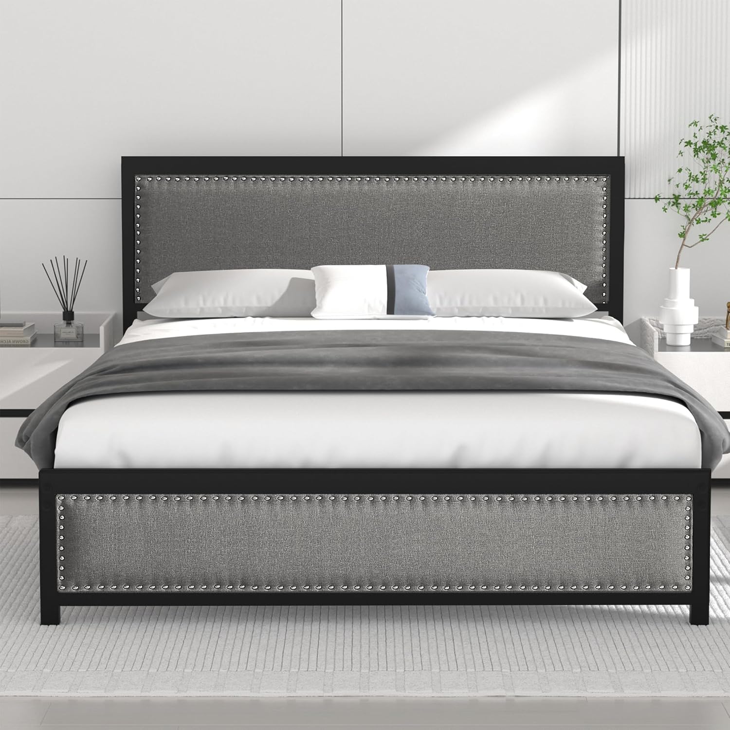 VECELO Double Bed Frame with Upholstered Linen Headboard and Footboard ...