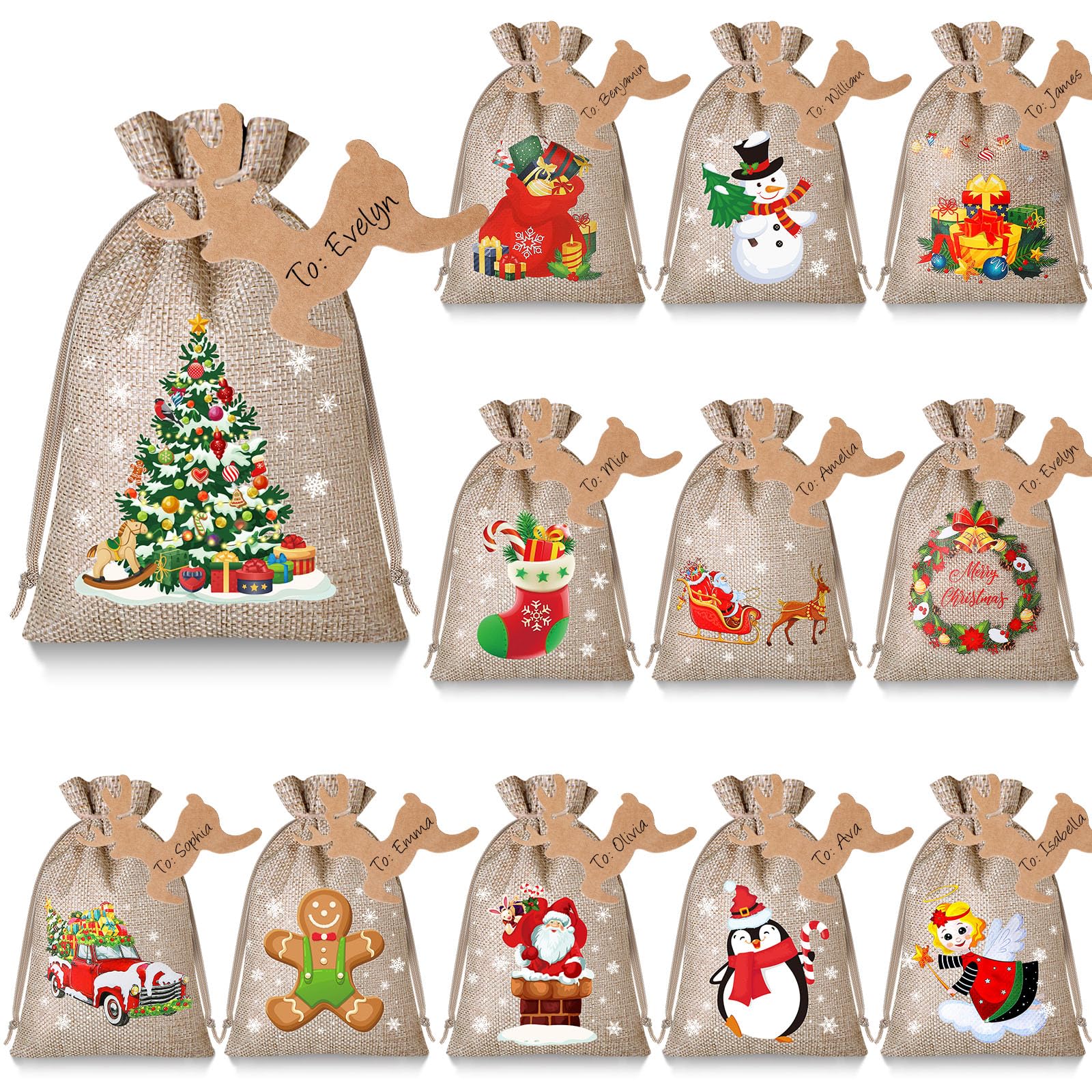Shappy 24 Pieces Christmas Burlap Gift Bags Christmas Treat Bags with ...