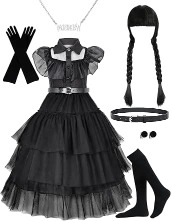 Amazon.com: VOKOFAYE Girls Wednesday Costume, All Black Dress with Wigs ...