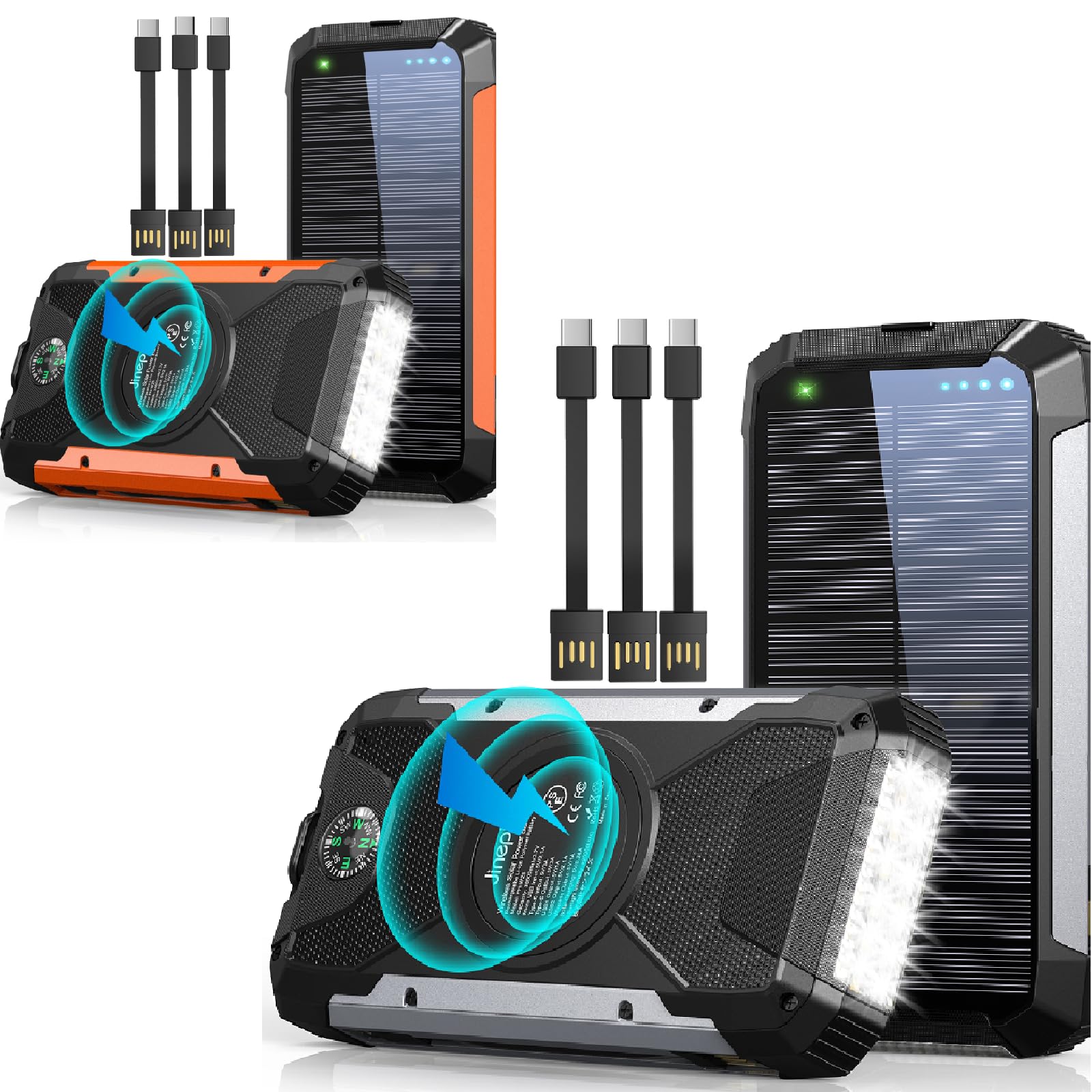 Amazon.com: Jinepin 2 Pack of 38600mAh Solar Power Bank Solar Phone Charger, Built in 6 Cables ...