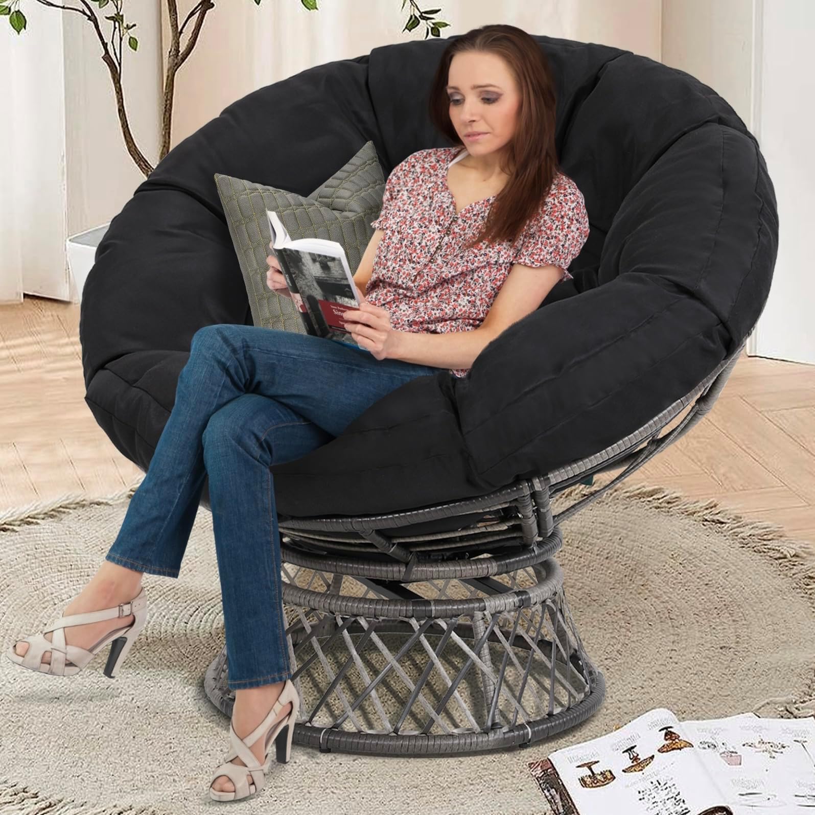 Amazon.com: OSP Home Furnishings Rattan Papasan Chair, Brown Frame with ...