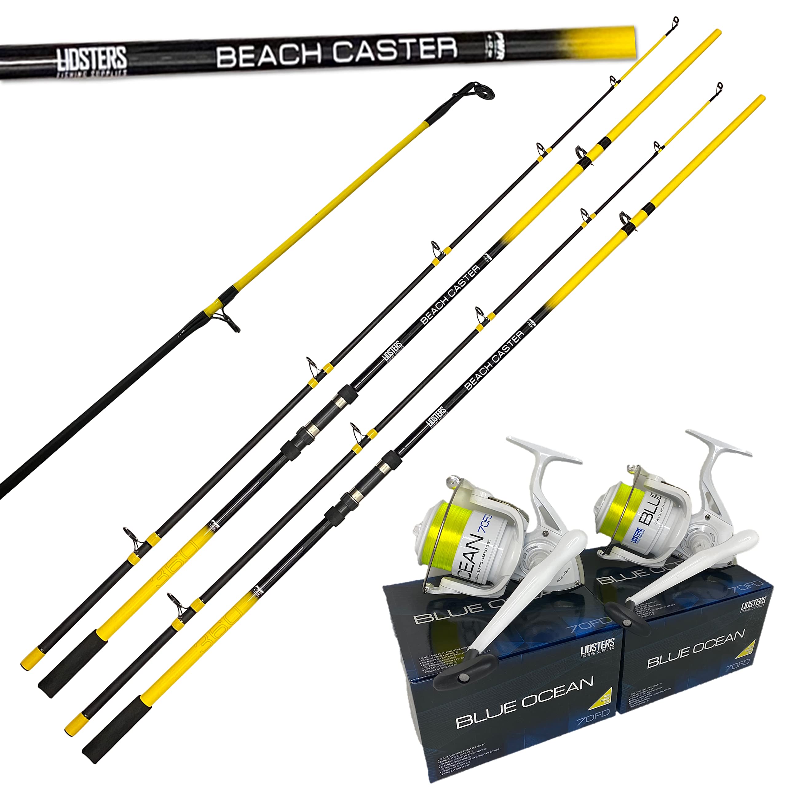 2x LFS Beachcaster Sea Fishing Rod 12ft 2pc + Lidsters BLUE OCEAN 70 ...