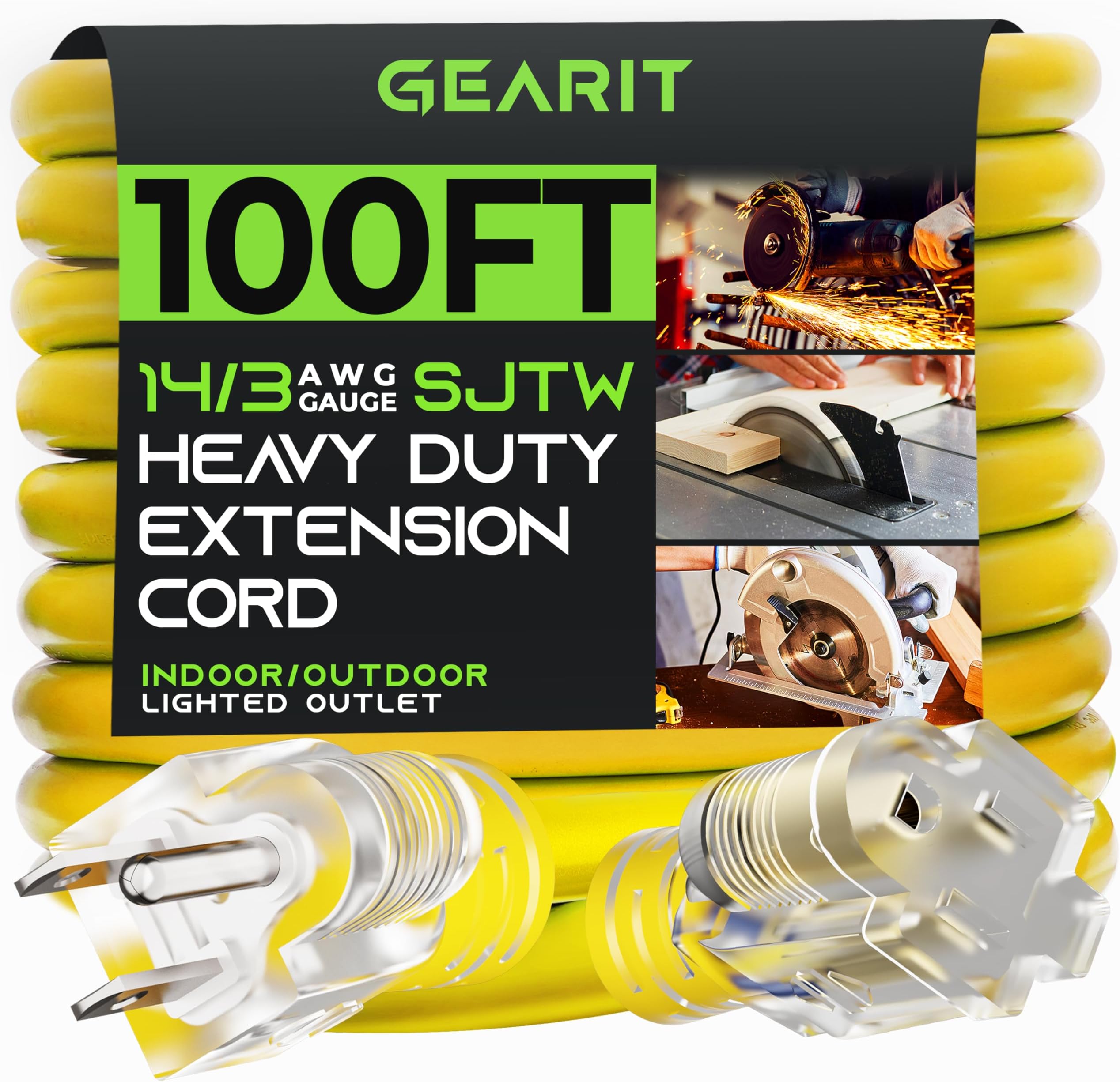 Amazon.com: 100 FT 14/3 Outdoor Extension Cord - SJTW Heavy Duty Power ...