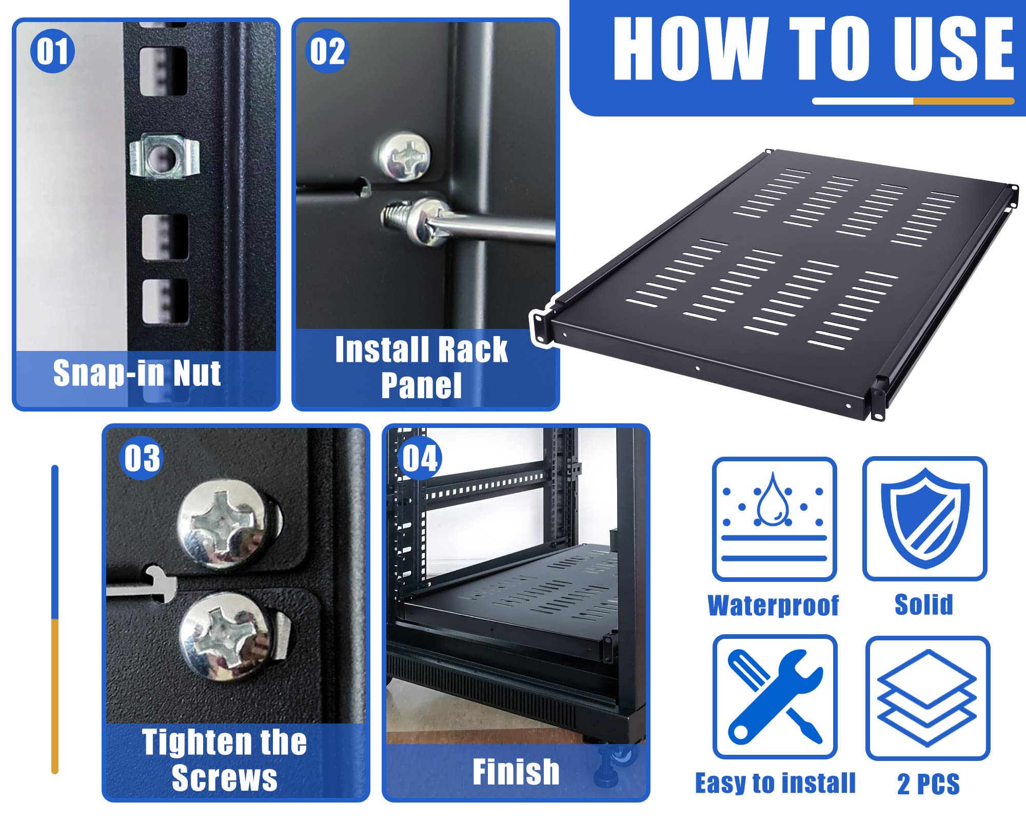 Hortsun 2 Pieces 1U Adjustable Server Rack Mount Shelf Vented Universal ...