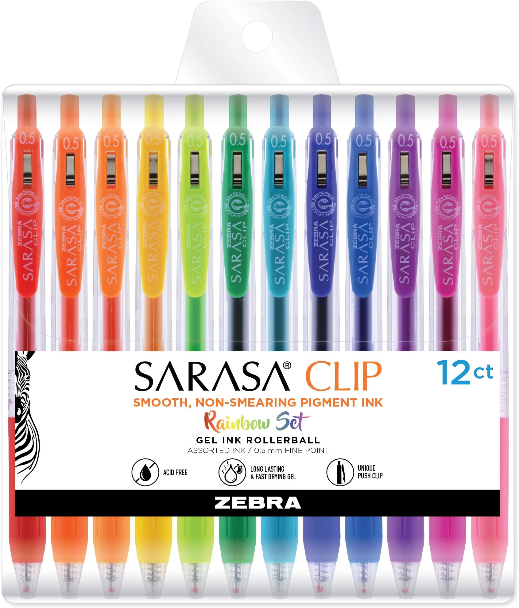 Zebra Pen Sarasa Clip Retractable Gel Pen, Fine Point, 0.5mm, Rainbow ...