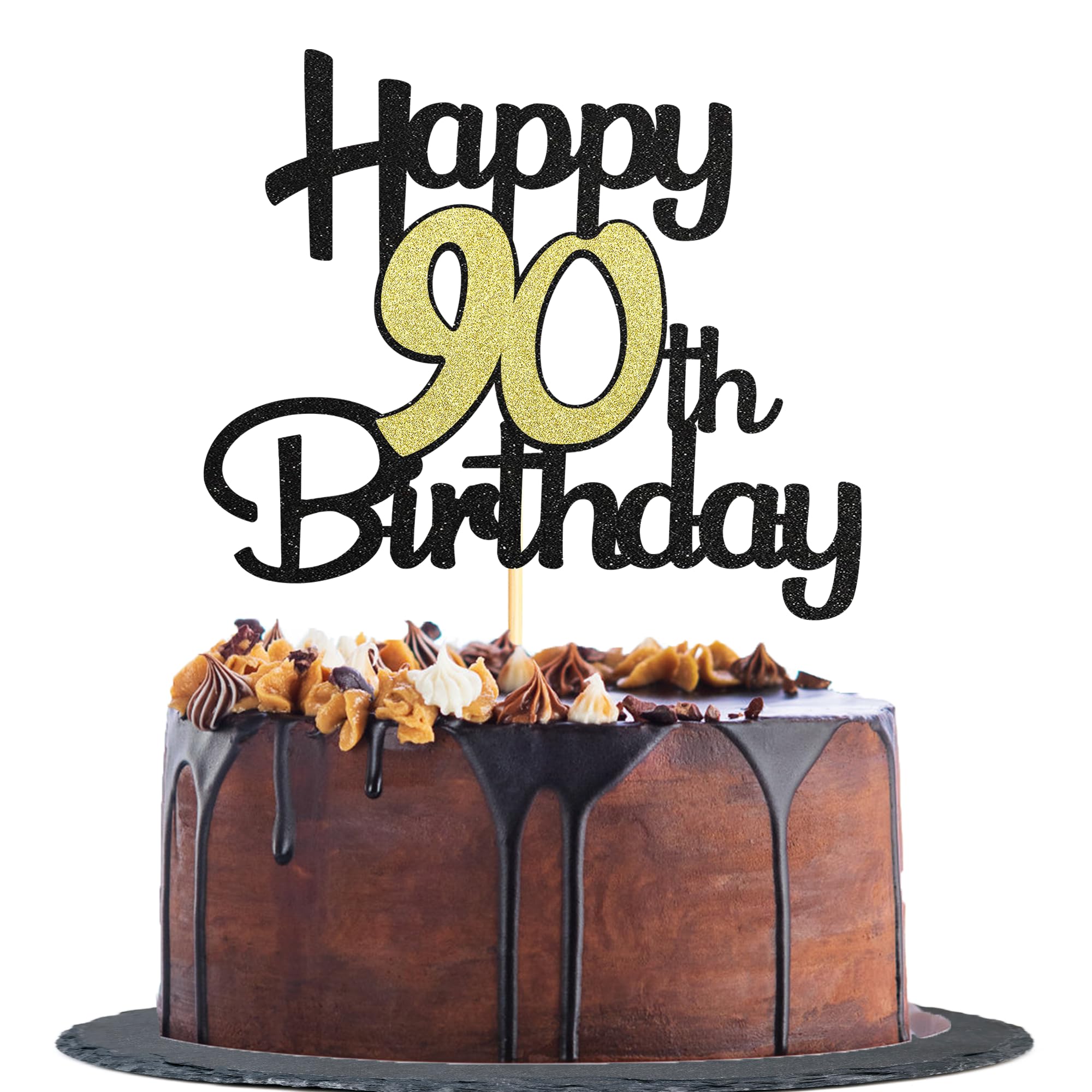 Sotpot 1 Pack Black&Gold Glitter 90th Cake Topper, 90th Birthday Cake ...