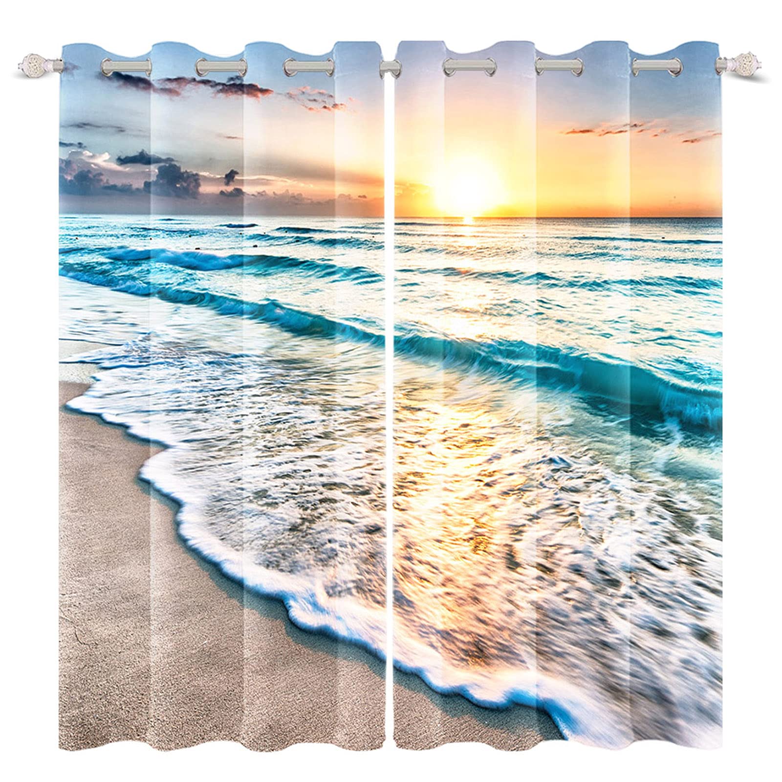 Amazon.com: Renaiss Sea Sand Beach Window Curtains Sunset Clouds Blue ...