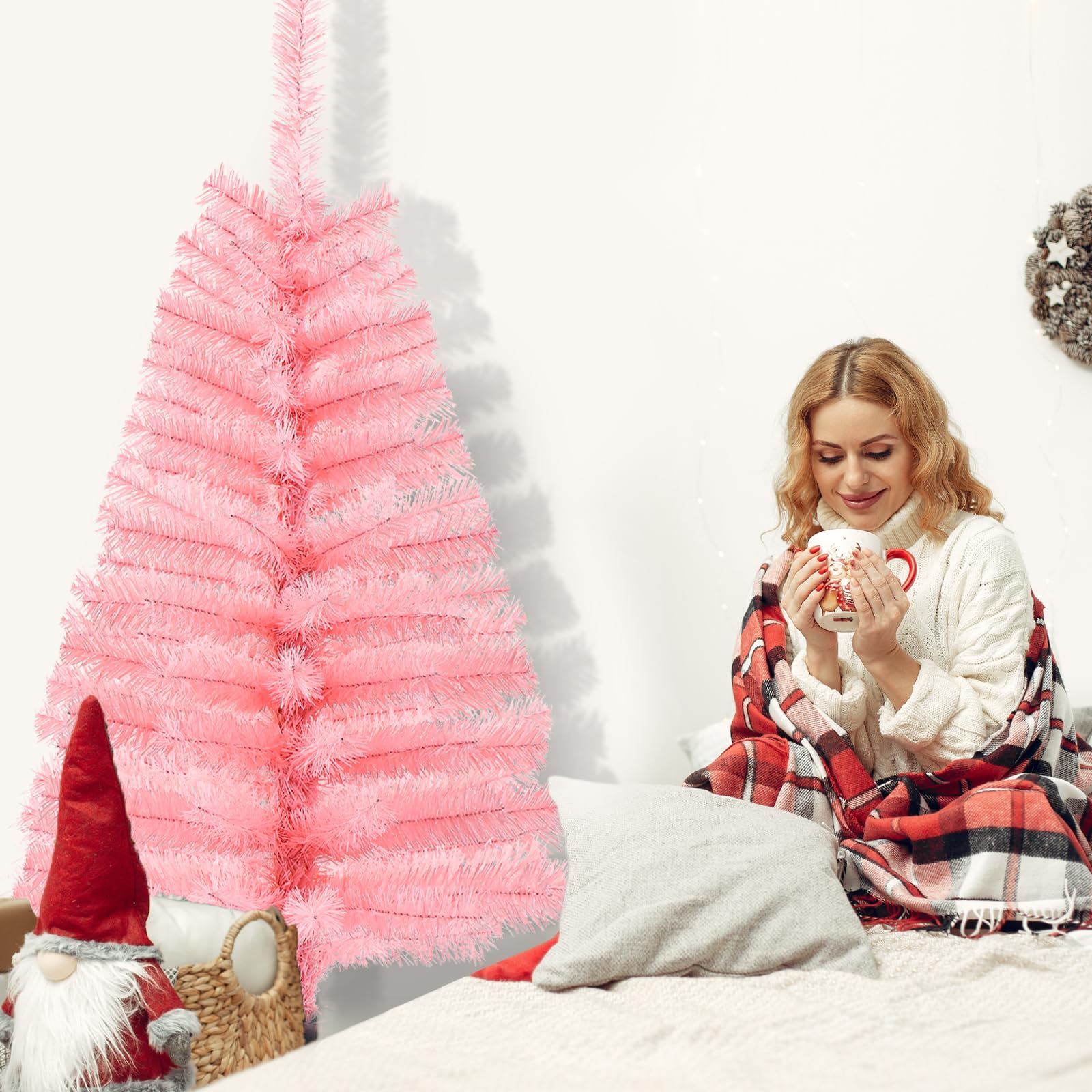 Three Trees 3ft Pink PVC Christmas Tree - Fluffy Tabletop Holiday Decor ...