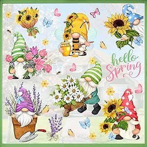 Amazon.com: Mfault Hello Spring Gnomes Flowers Window Clings 9 Sheets, Floral Sunflower Daisy ...