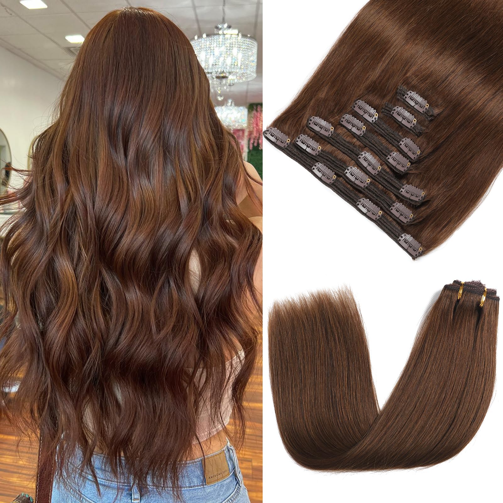 Amazon.com : Clip in Hair Extensions Real Human Hair 130g Chocolate ...