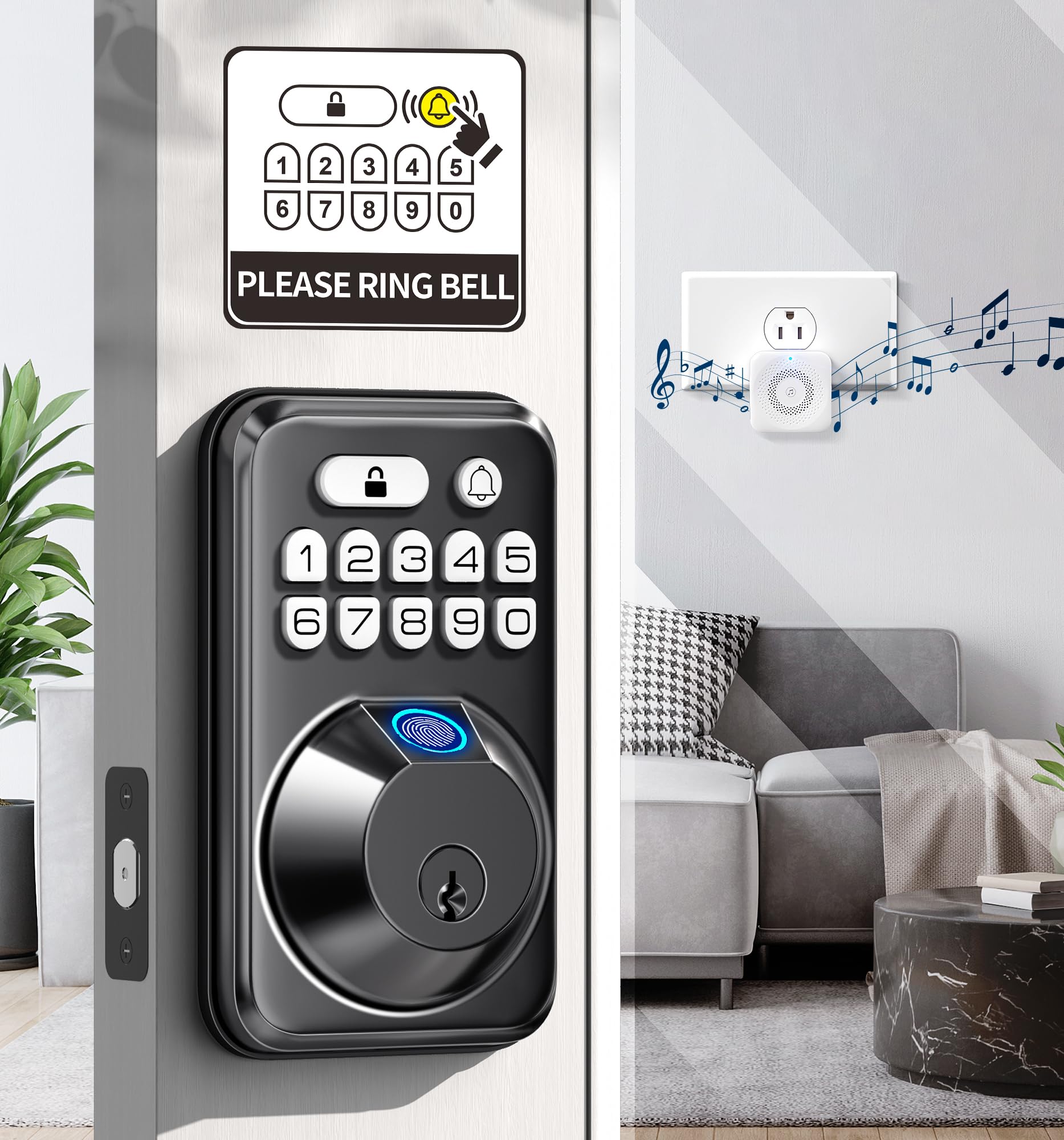 TEEHO Fingerprint Keyless Entry Door Lock with Wireless Doorbell, Smart ...