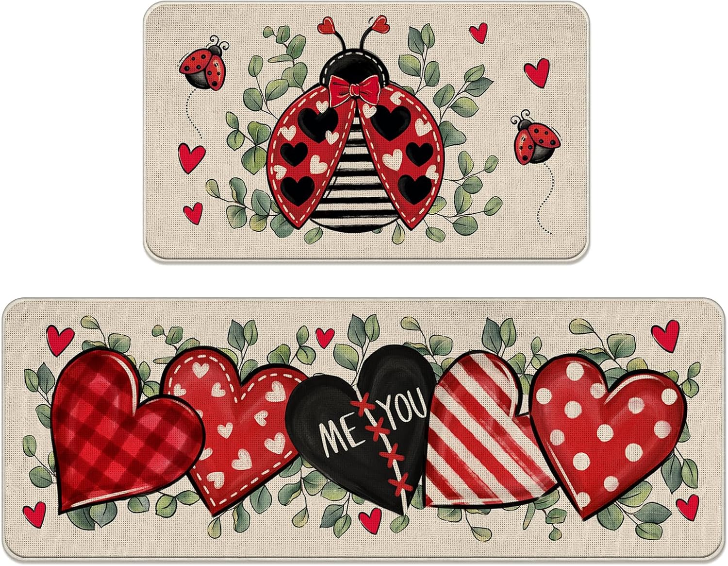 Amazon.com: Tailus Valentine's Day Ladybug Kitchen Rugs Set of 2, Red ...