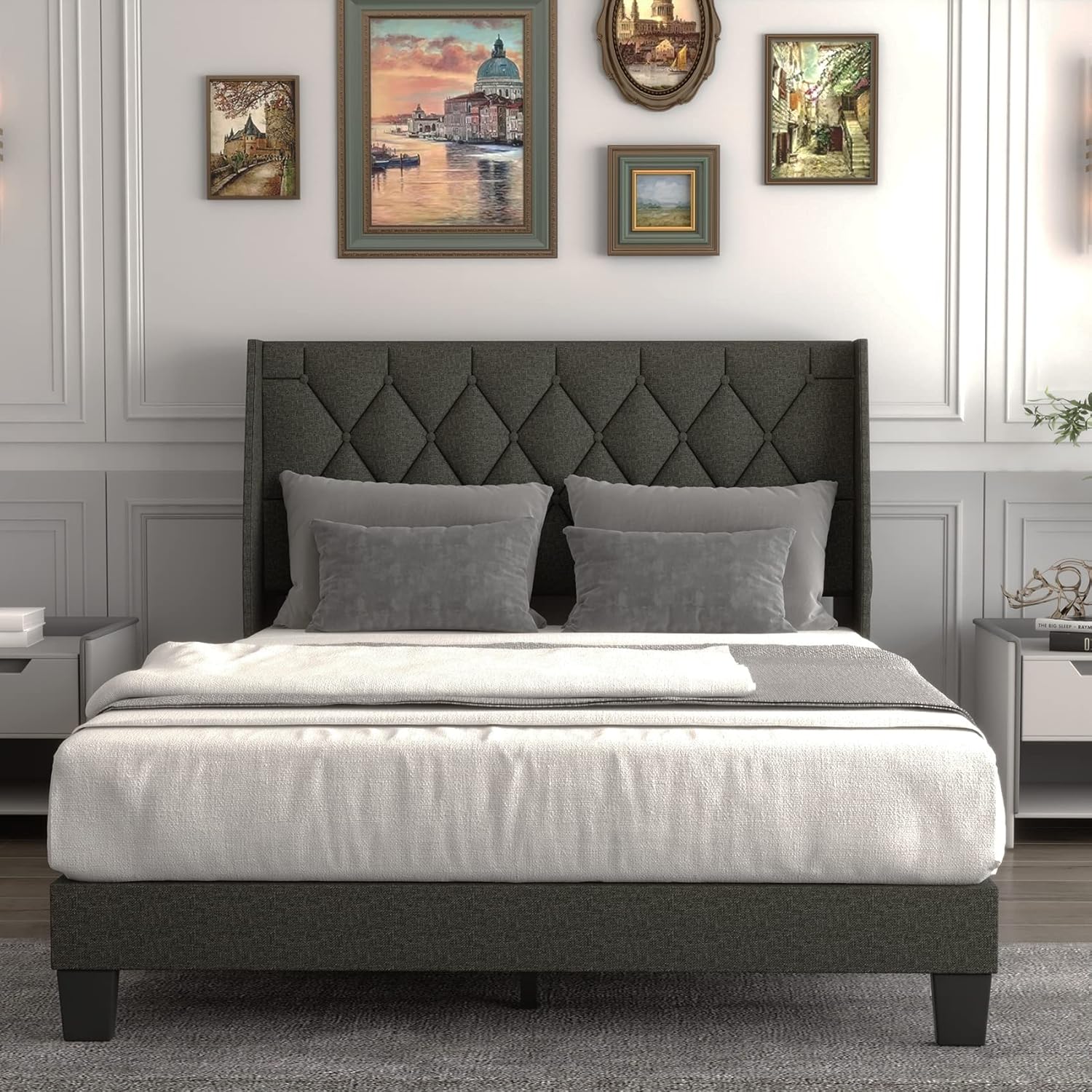 Amazon.com: Gdvsclr Queen Size Wingback Platform Bed Frame with ...