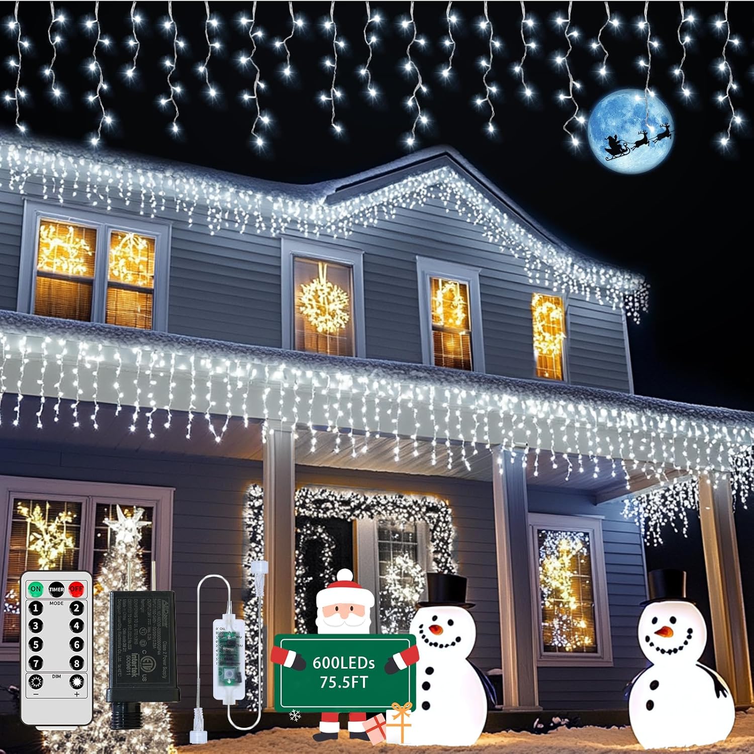 MDEDL Icicle Lights Outdoor, 75.5 FT 600 LED 8 Modes Icicle Christmas ...