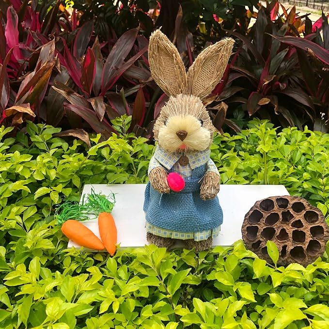 belupai 2pcs Standing Straw Easter Rabbits Statues, Handmade Cute Sisal ...