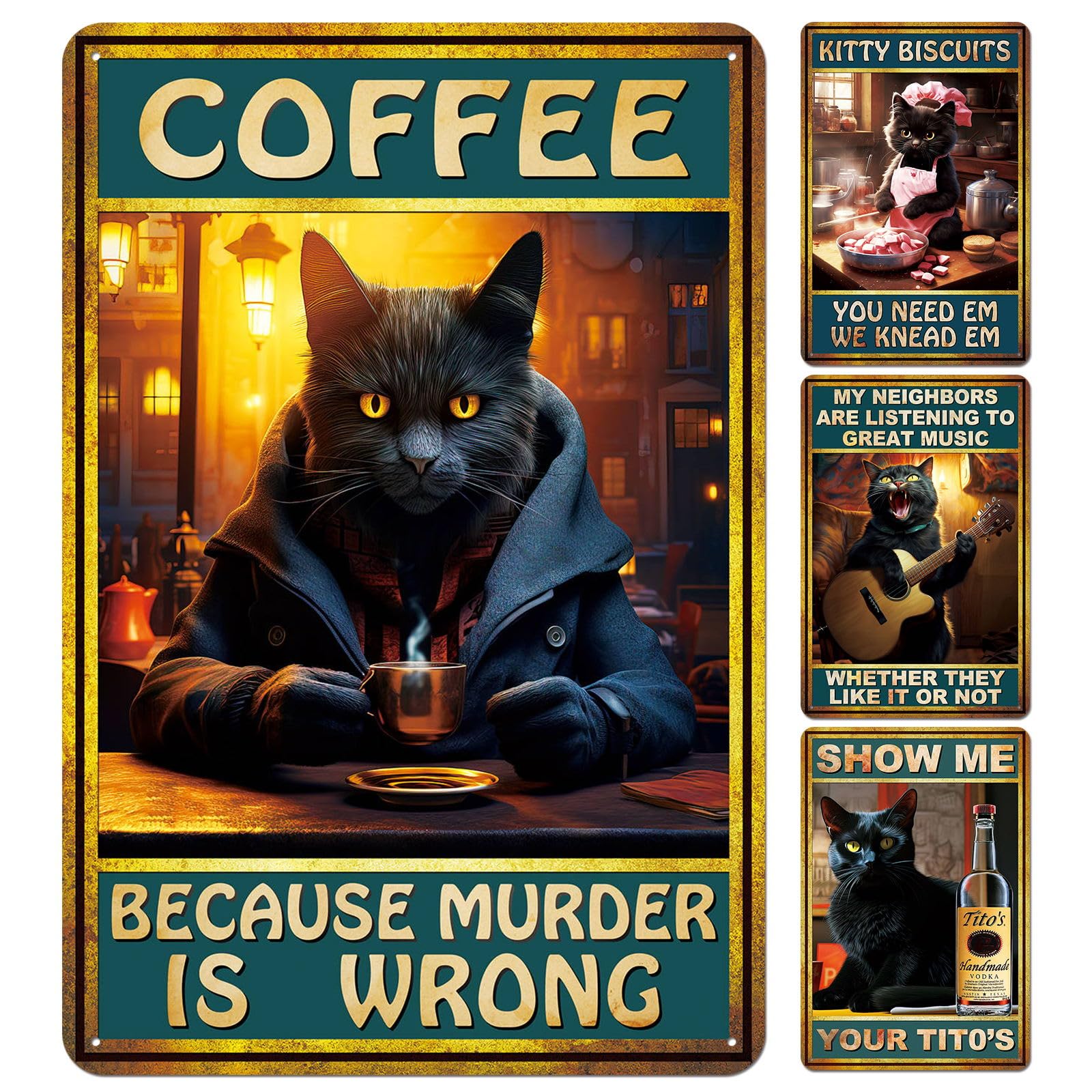 YOYA 4 PCS Black Cat Decor Retro Cat Coffee Metal Signs Vintage Kitchen ...